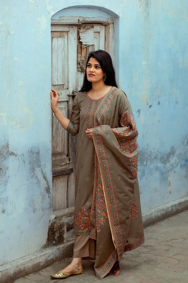 Taupe Cotton Silk Kani Weave Kurta & Dupatta with Taupe Trousers – The ...